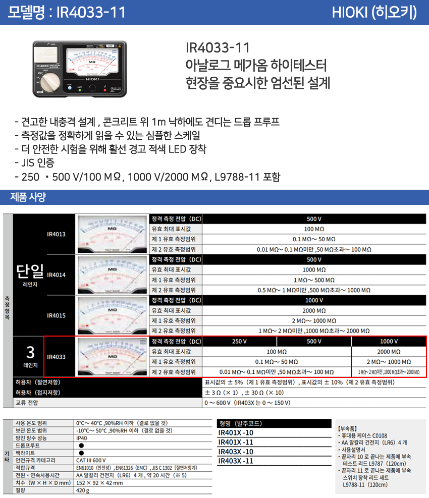 히오키 IR4033-11 아날로그 절연저항계 / HIOKI Insulation Tester | 테스트킹