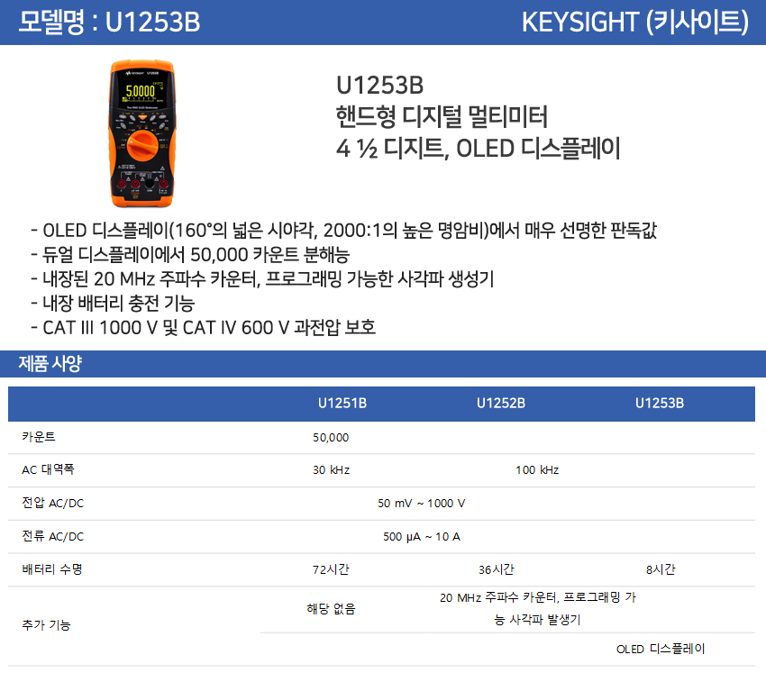 키사이트 U1253B 4.5 디지트 핸드형 디지털 멀티미터 / Keysight Hand Held Multimeter / DMM ...