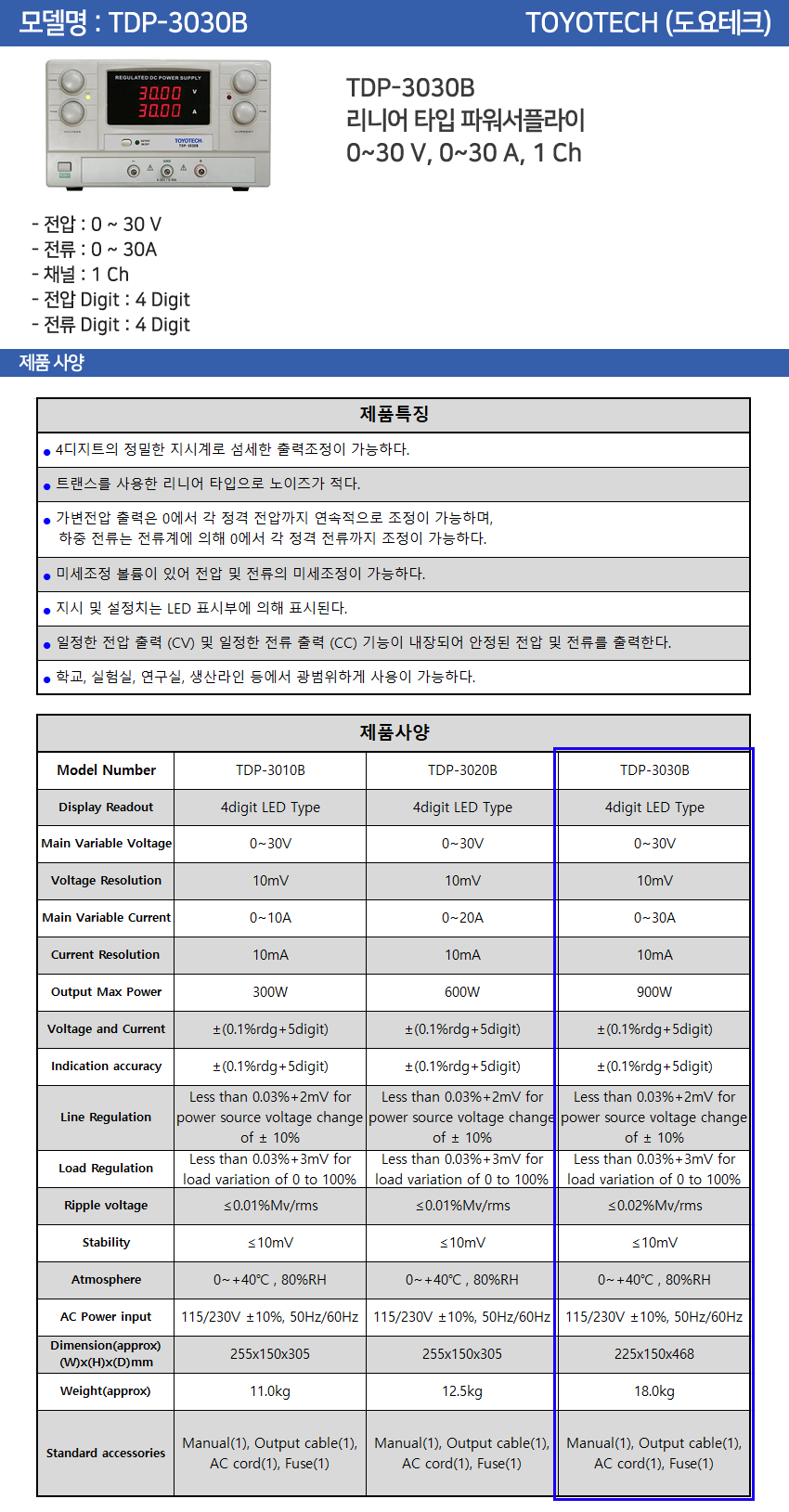 TDP-3030B 도요테크 30V, 30A 파워서플라이 / Toyotech DC Power Supply - 테스트킹